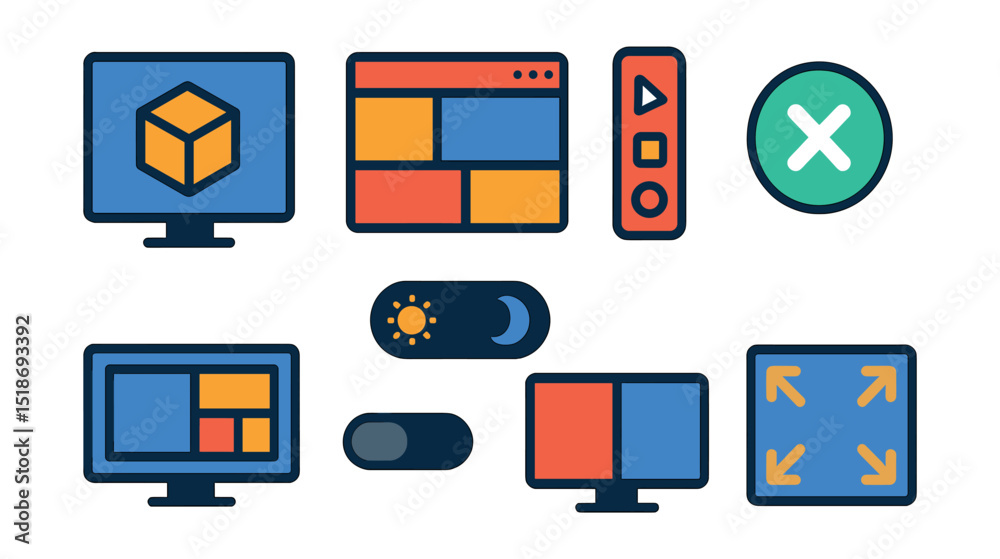 Flat vector icons of interface and workspace setup: 3D modeling ...