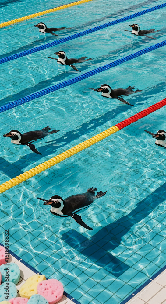 Penguins Swimming Synchronized Laps in a Blue Pool Stock Photo | Adobe ...