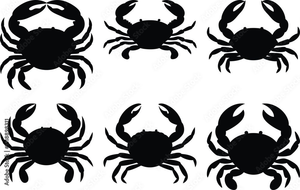 Silhouette icons of six crab shapes, Set of six black silhouette icons ...