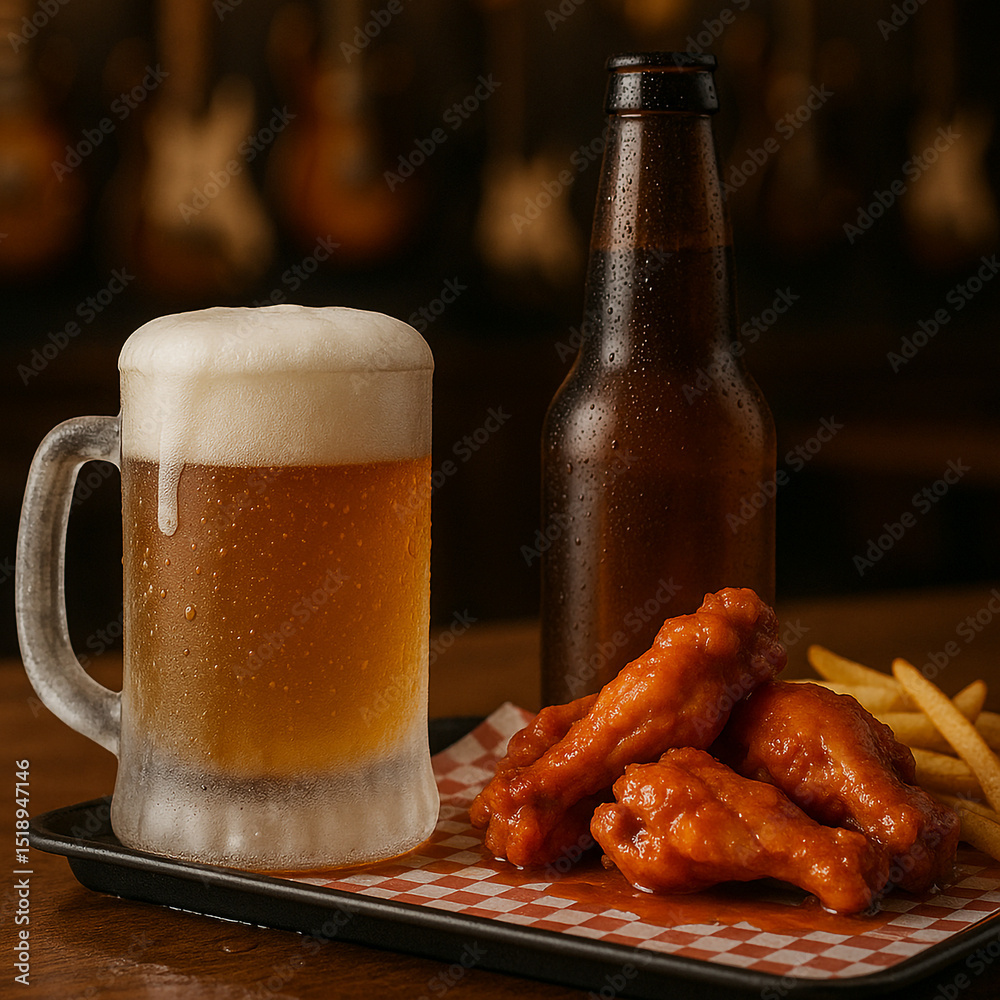 Cerveza artesanal ámbar siendo servida en jarra escarchada con espuma ...
