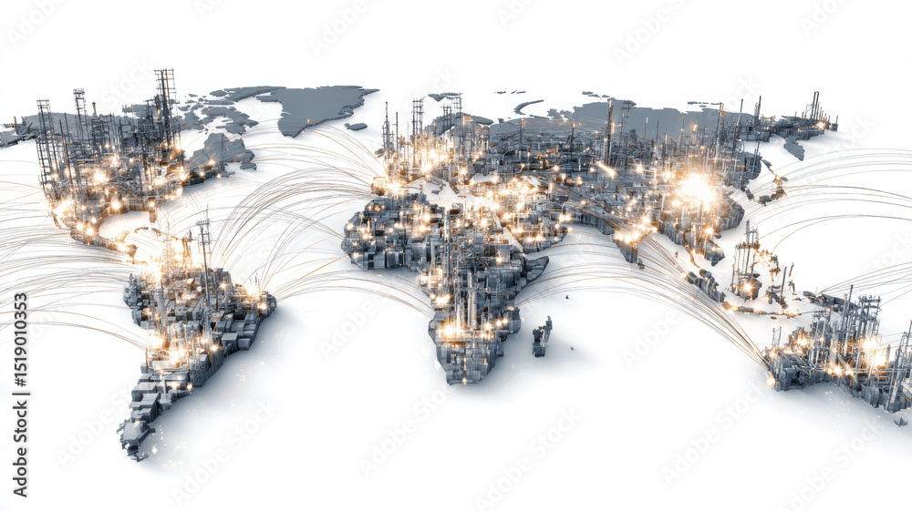 Global map with industrial zones marked and connected by cargo lines ...