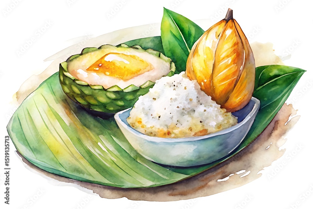 Watercolor Thai Dessert Illustration – Mango Sticky Rice with Fresh ...