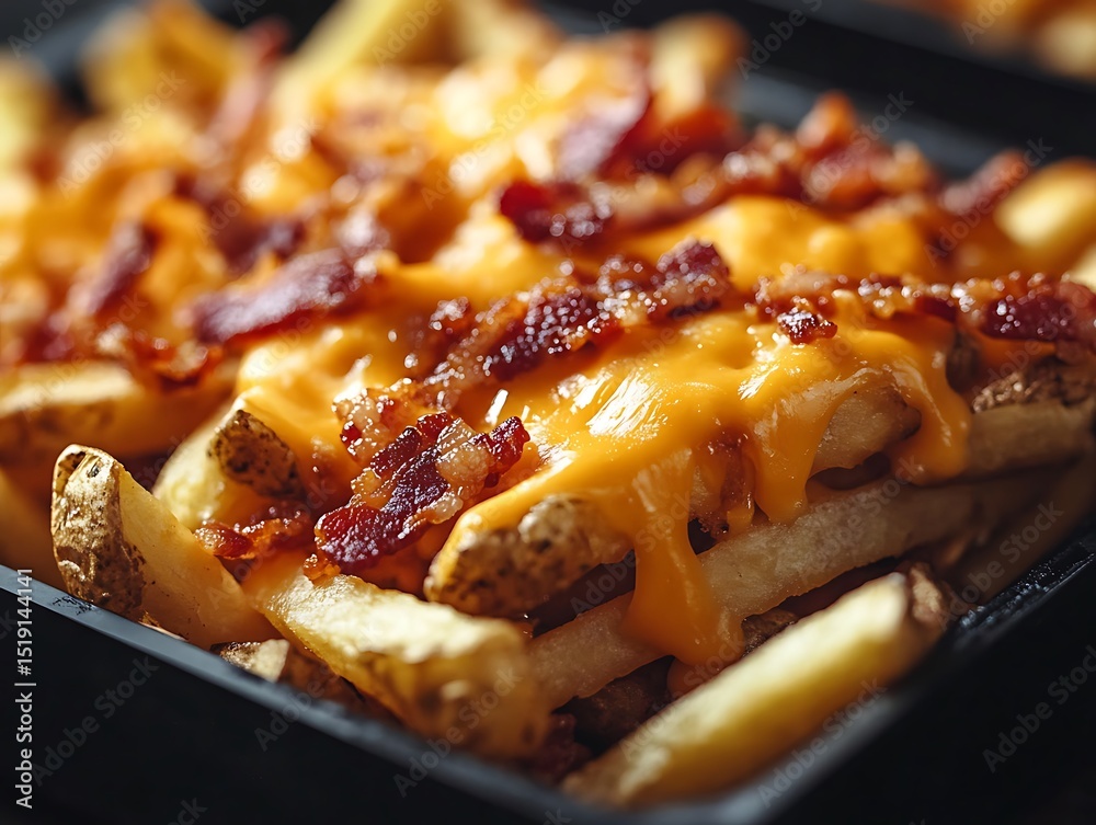 Mouthwatering hot french fries with a lot of cheese melted cheddar ...
