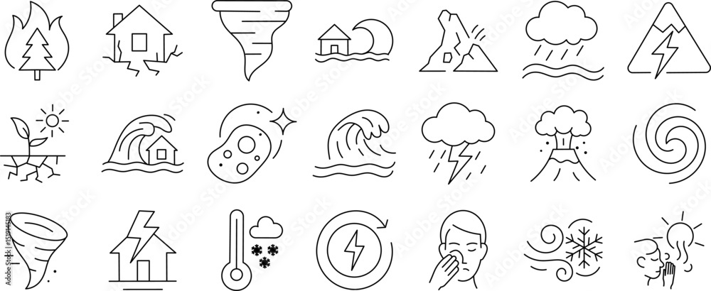 Natural disaster and climate hazards line icon set. Vector ...