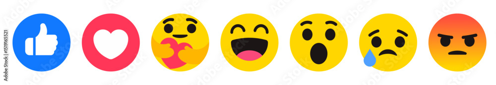 Facebook Reaction Emoji Icons Vector Set with Like, Love, Care, Haha ...