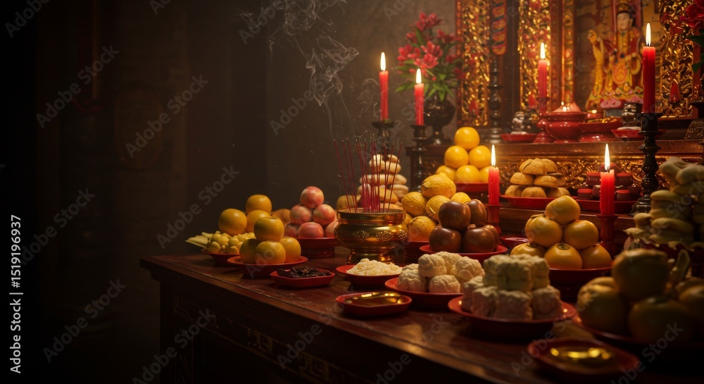 Ancestral altar with food offerings, incense, candles and lanterns lit ...