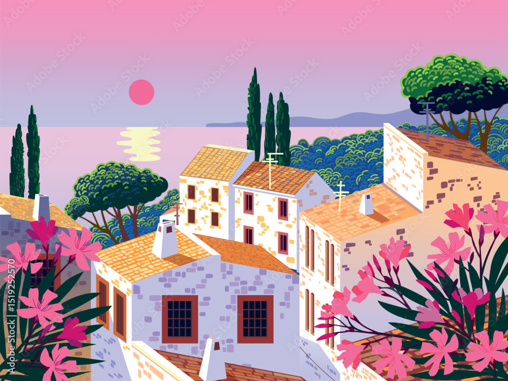 Mediterranean seaside riviera romantic poster. Holiday destination town ...