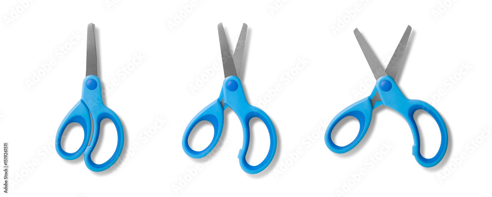 Blue children's scissors, closed open and wide open, isolated on a ...