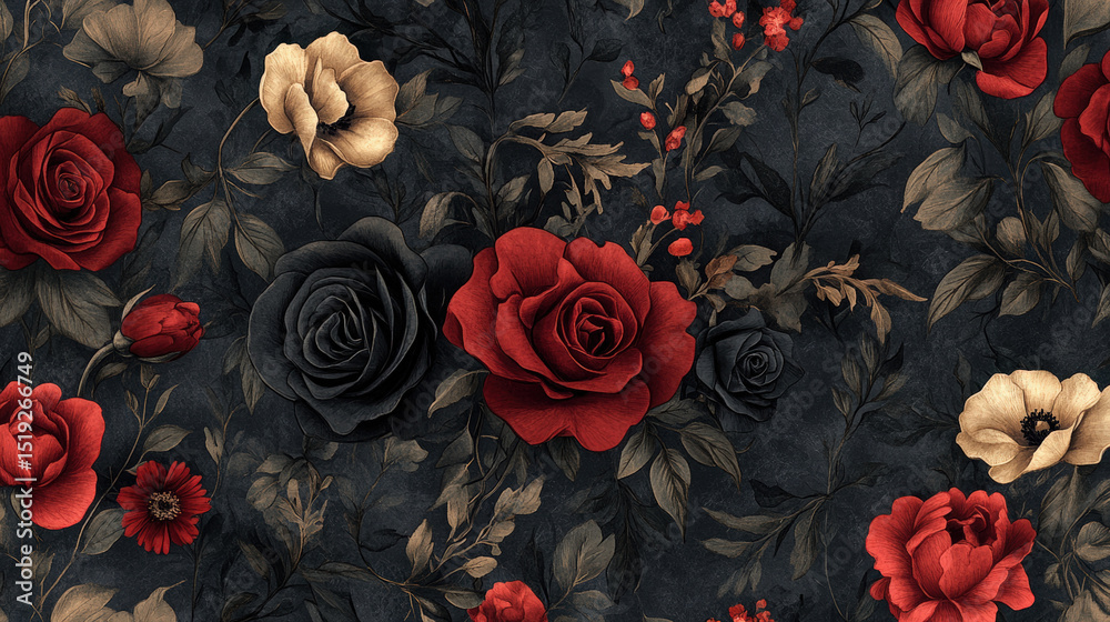 Gothic Floral Pattern. Dark floral pattern featuring red and black ...