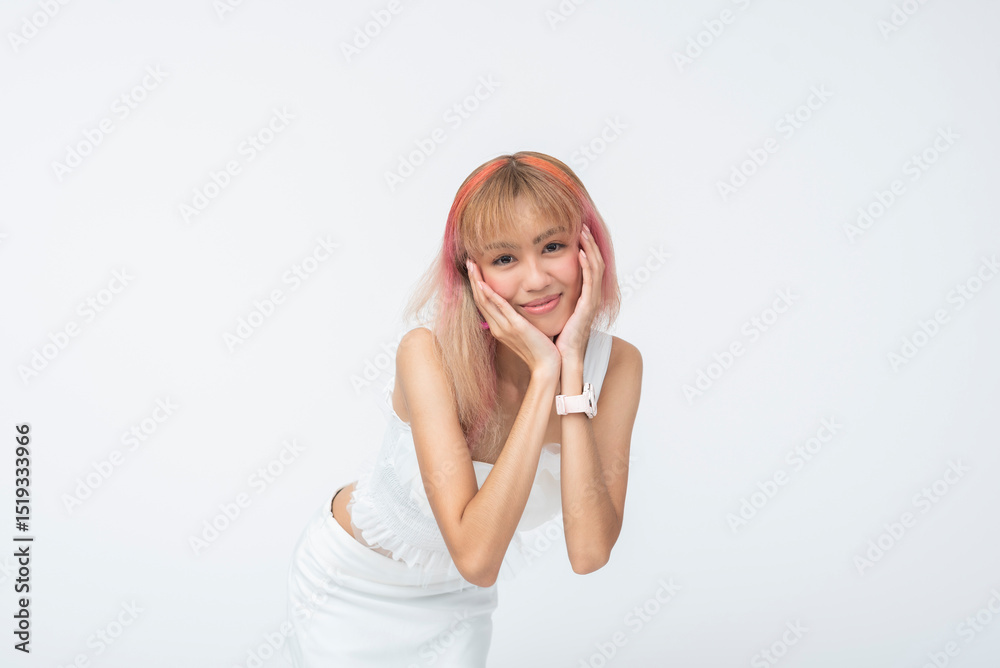 Southeast Asian woman leaning forward with a soft, endearing smile and ...