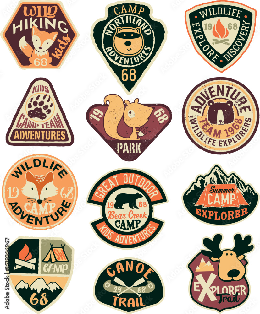 Cute wildlife outdoor adventure explorers badges collection vector ...