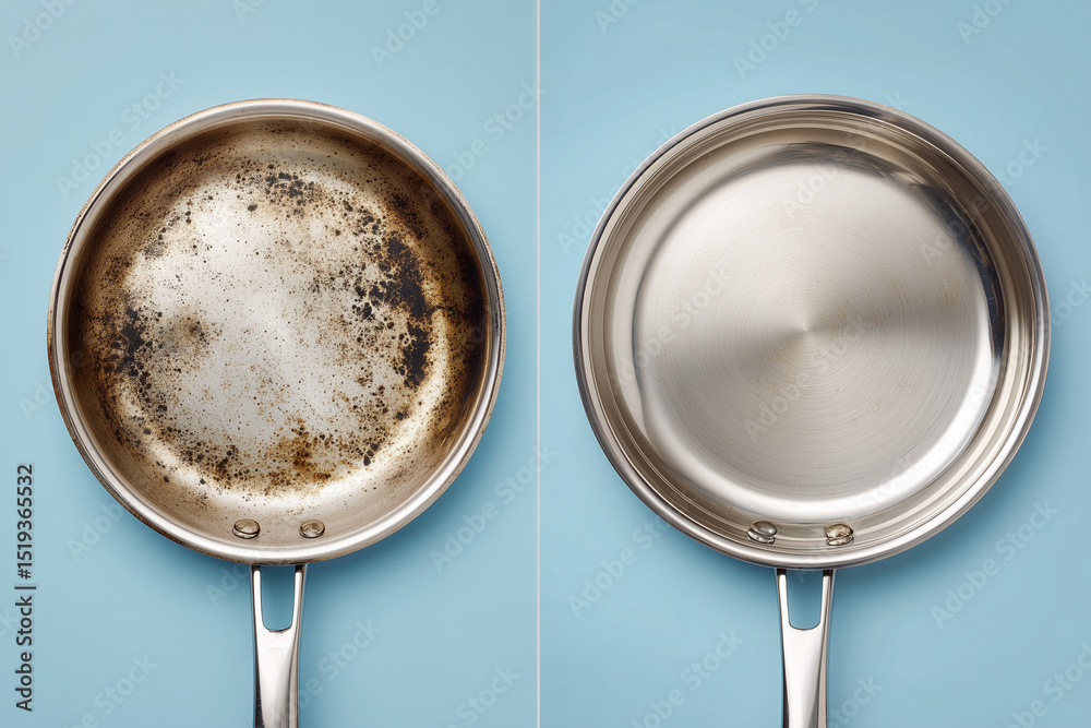 Side-by-side comparison of dirty and clean stainless steel pans against ...