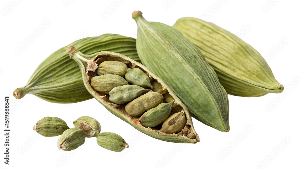 Green cardamom pods and seeds isolated on transparent background ...