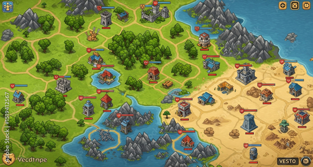 Fantasy Game World Map - Strategic Medieval Land with Towns, Forests ...