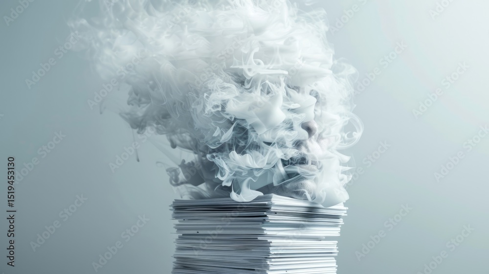 Human face dissolving into smoke above stack of papers representing ...