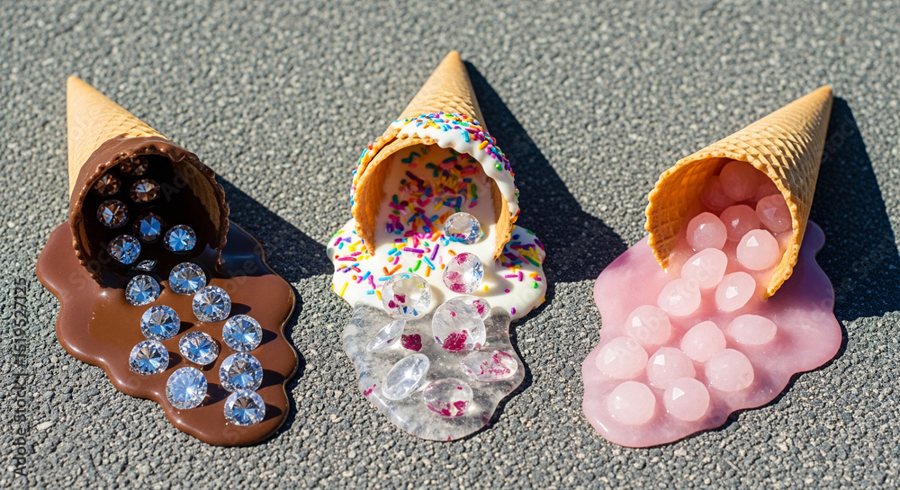 Стоковое фото «Melted Ice Cream Cones with Precious Gems» | Adobe Stock