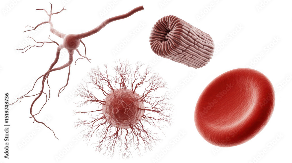 Microscopic view of human cells showing a neuron, a muscle fiber, an ...