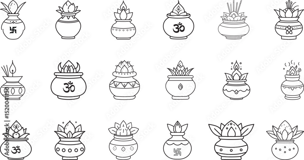 Vector de Stock Set of outline illustrations featuring Indian Kalash ...