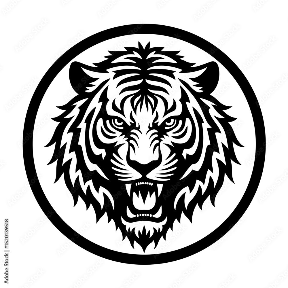 A striking, intricate tiger head design, captured within a circular ...