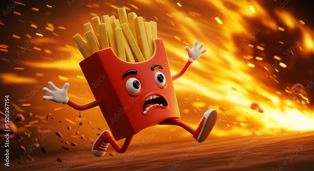 French Fries Box Running Scared from Fiery Inferno Stock Illustration ...