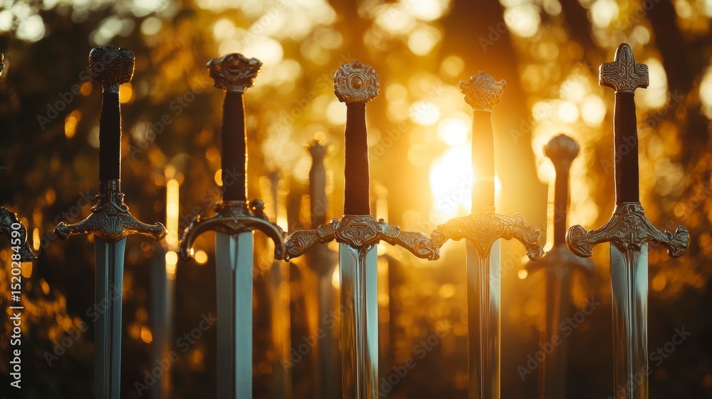 Sunset silhouettes of numerous medieval swords standing upright in a ...