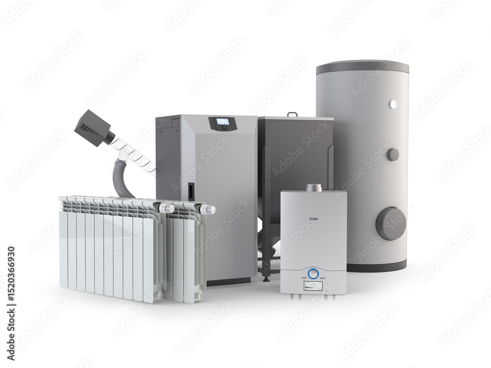 Modern Heating System Set – Pellet Stove, Boiler, Radiators, Water ...