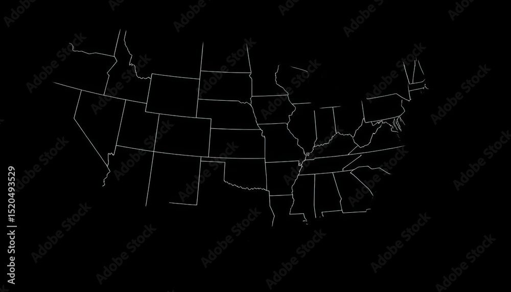 Black silhouette map of the contiguous United States, showing state ...