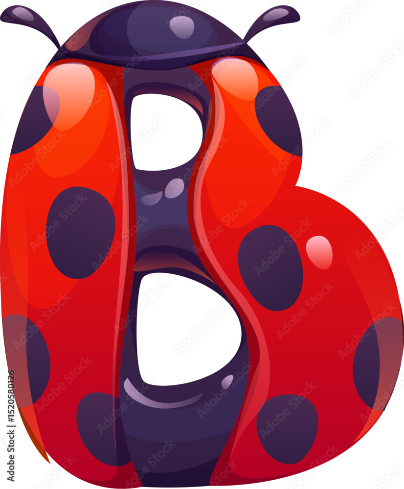 Ladybug cartoon font letter B. Red ladybird typeset sign, cute insect ...