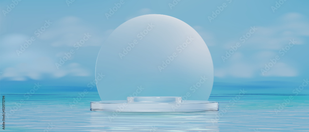 Glass podium display on water with transparent circular platform ...