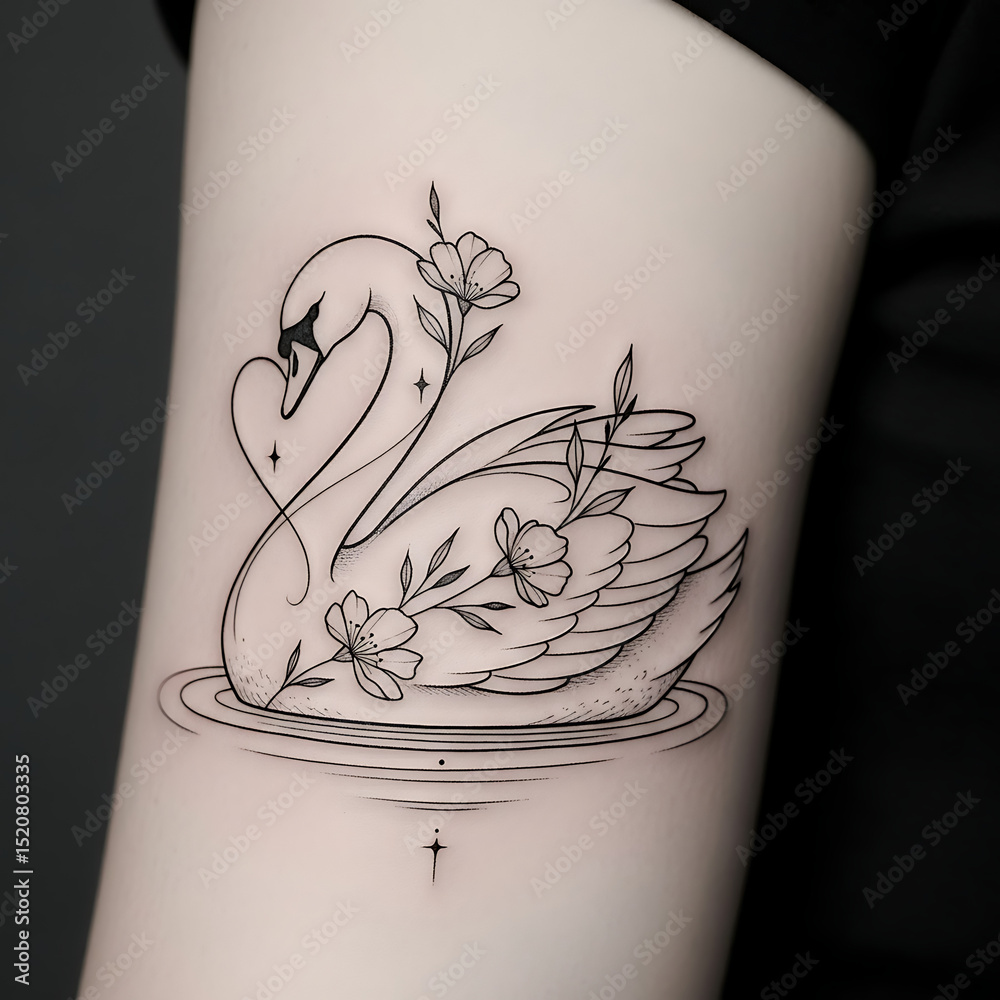 Fine line swans forming a heart, tattoo on forearm. Stock Illustration ...