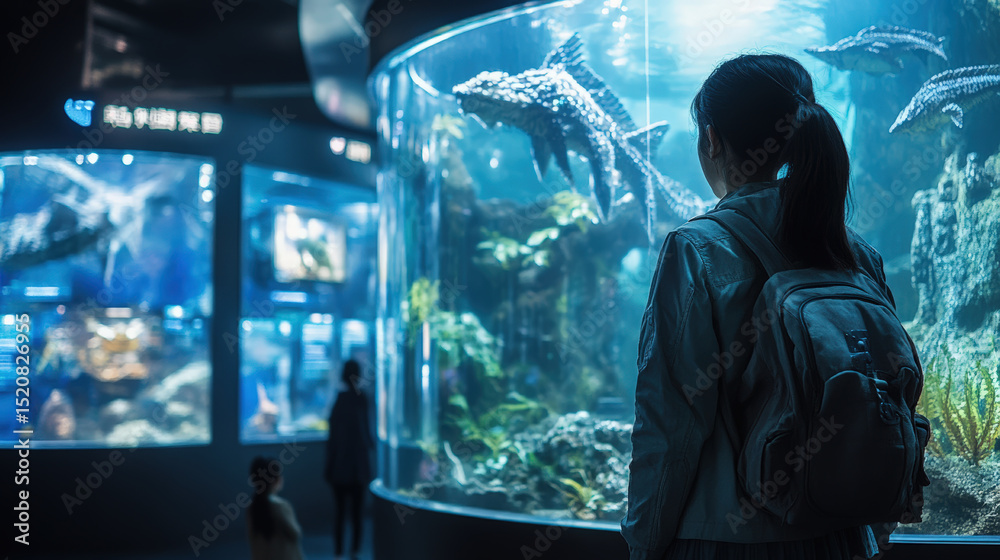 Stock-Foto „Zoo Exhibit With Aquatic Life. A visitor observes aquatic ...