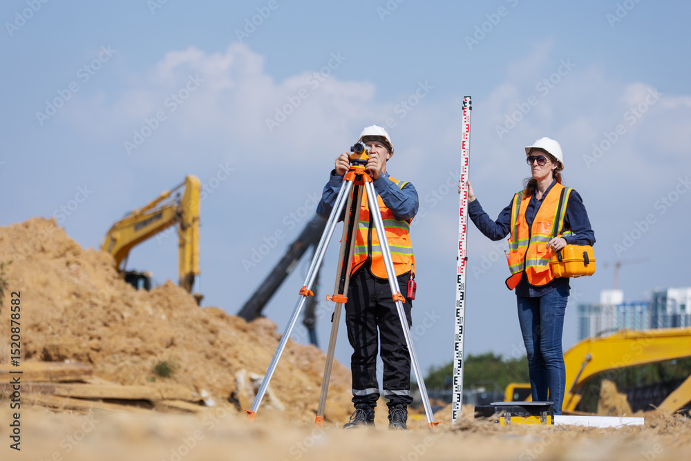 Two construction surveyors in safety gear stand at a job site using a ...