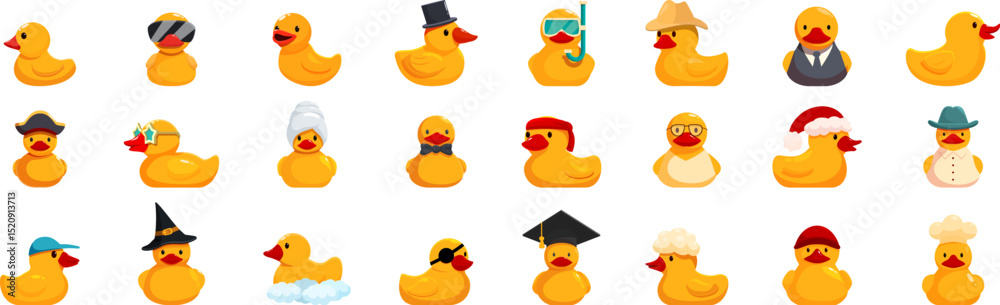 Rubber duck icons set. Set of yellow rubber ducks wearing various ...