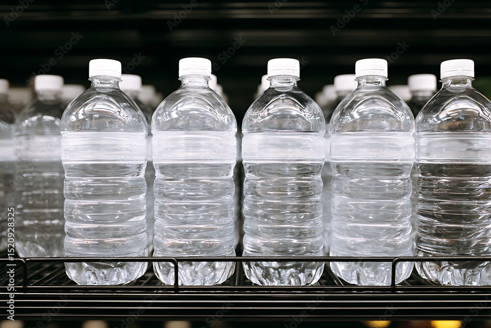 Minimalist water bottles aligned on shelf, all identical, with no logos ...
