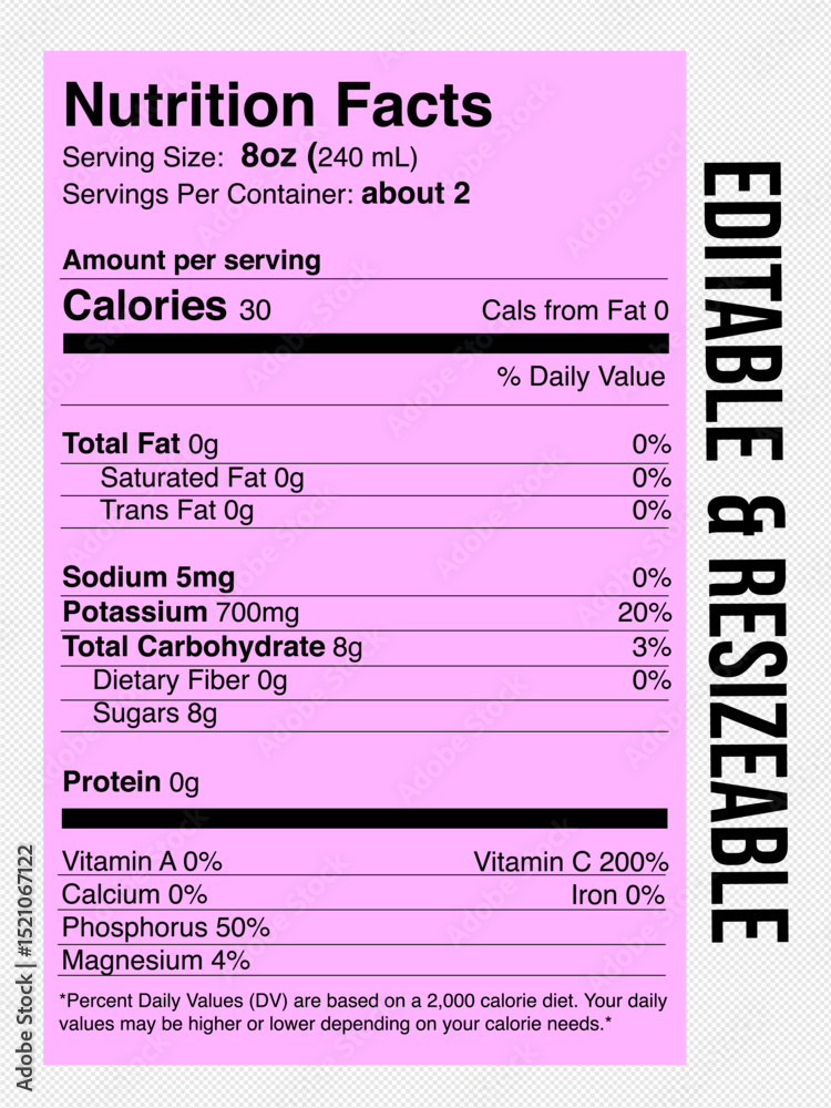 Nutritional Facts Label Template Editable & Resizable, for Drinks and ...