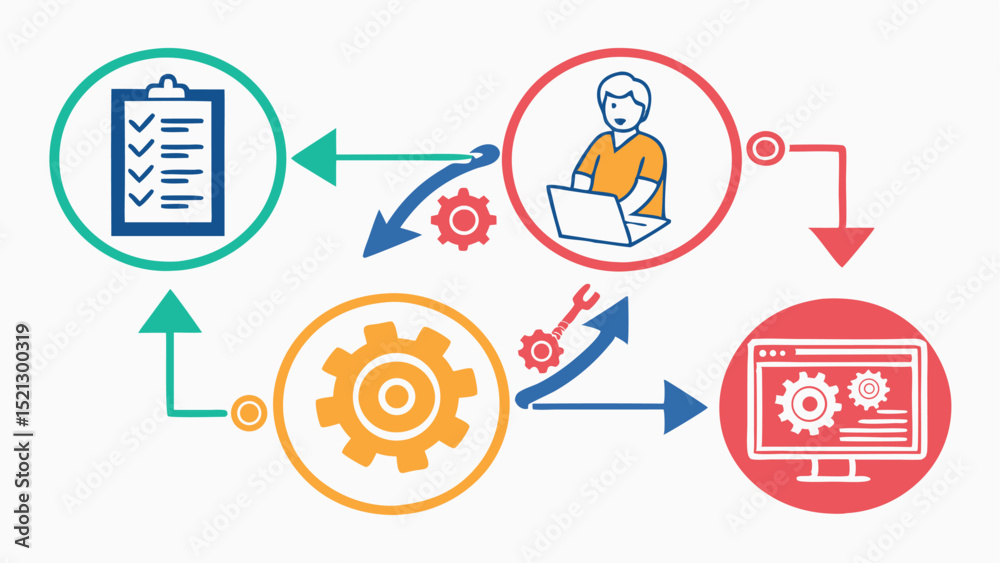 Workflow diagram showing a person working on a laptop, gears, and a ...