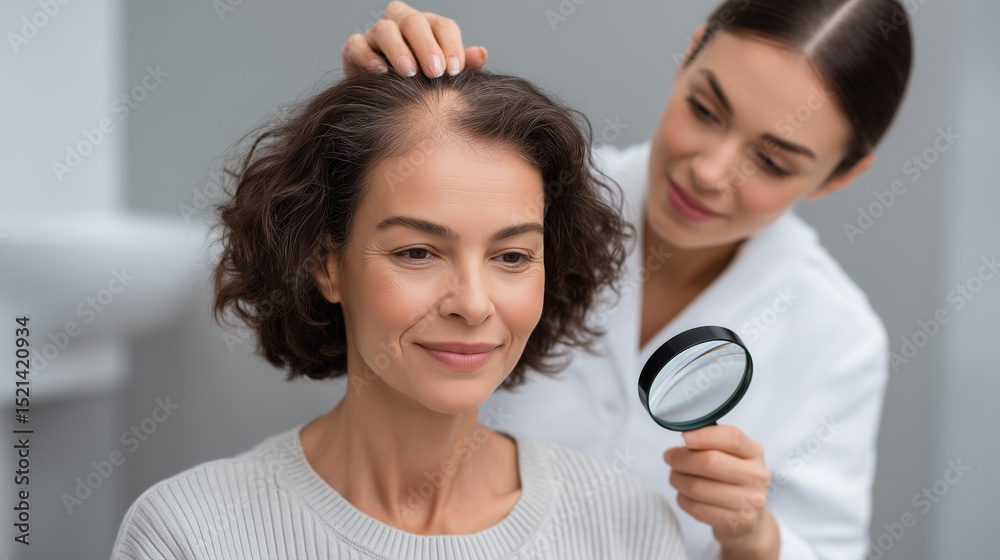 Concentrated woman trichologist examines scalp of female patient using ...