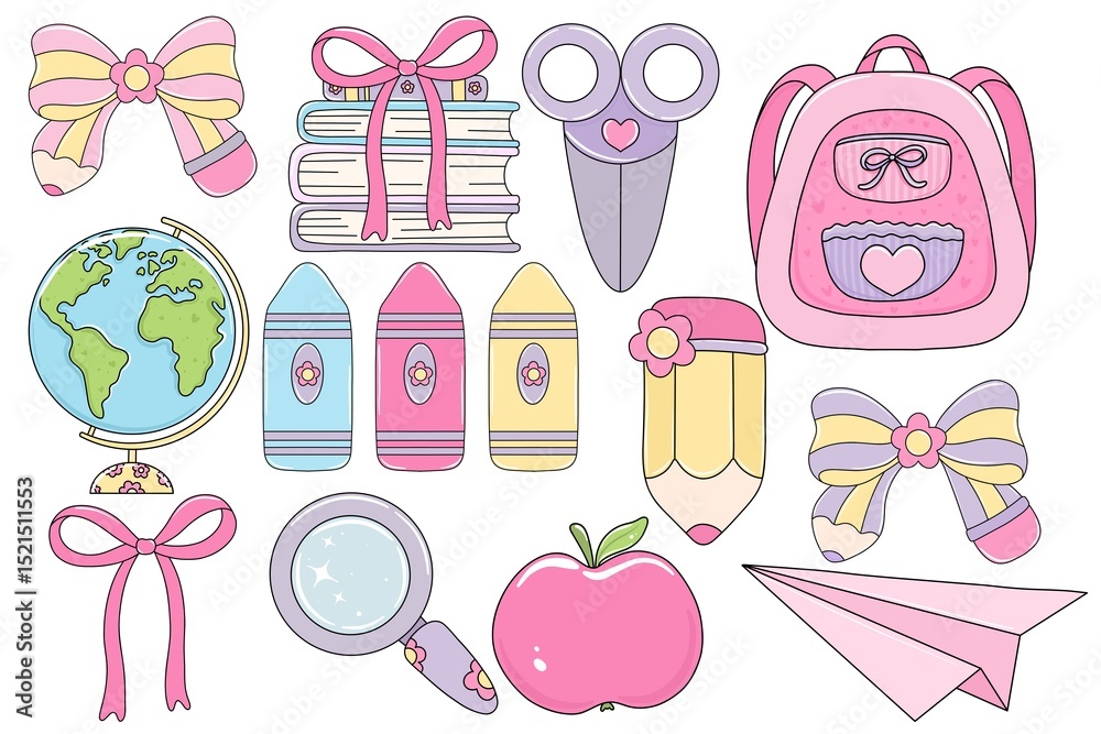 Cute School Supplies Clipart.Pastel Back to School Elements.Whimsical ...