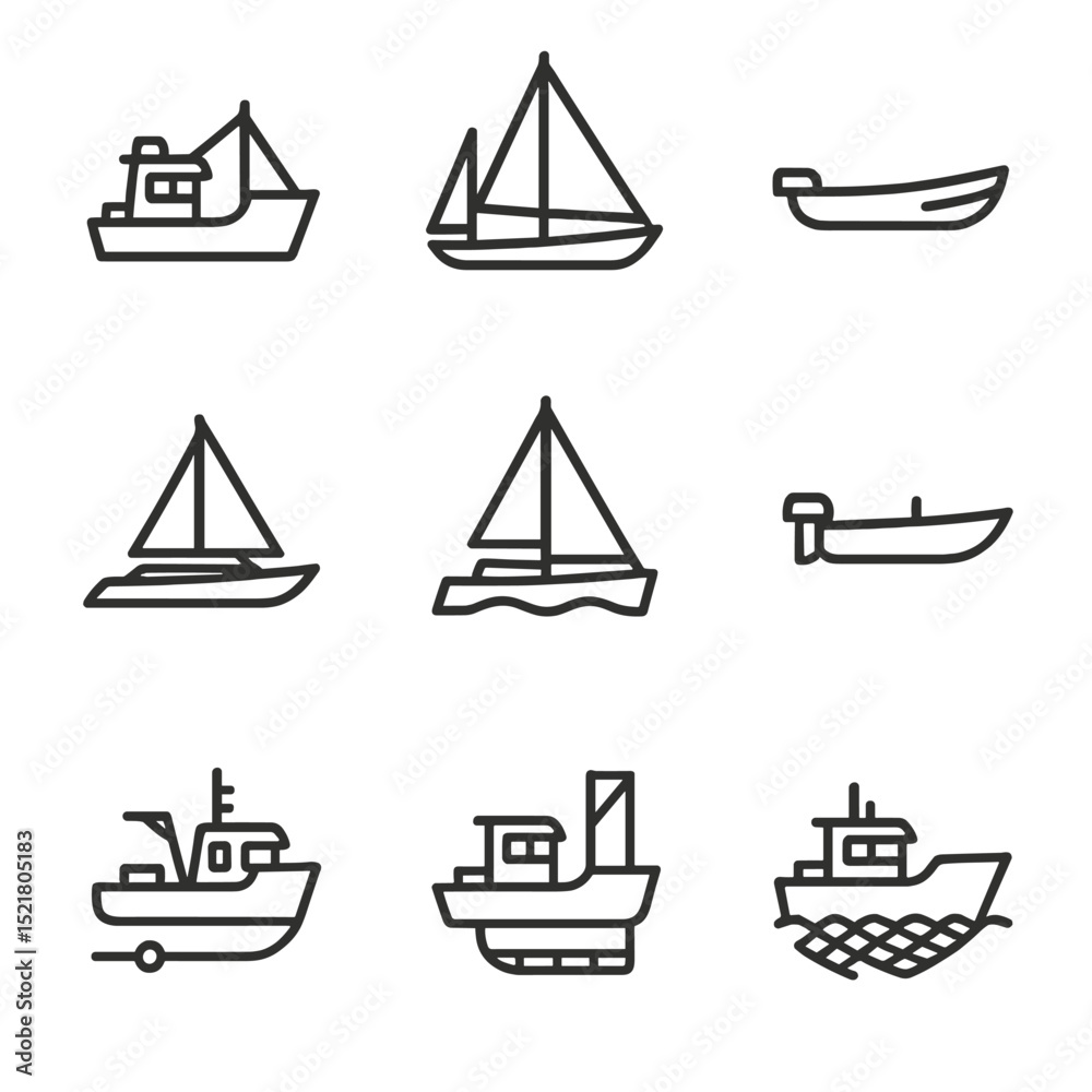 Praca wektorowa bez tantiem: Fishing Boats Icons. Outline icon set of ...