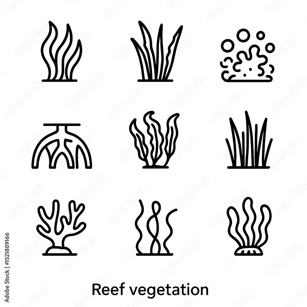 Vector de Stock Reef Vegetation Icons. Outline icon set of reef ...