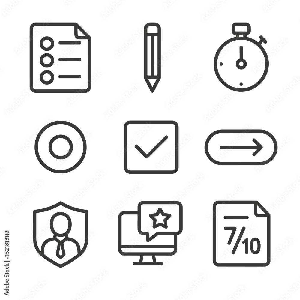 Online Assessment Icons. Outline icon set of online assessment elements ...