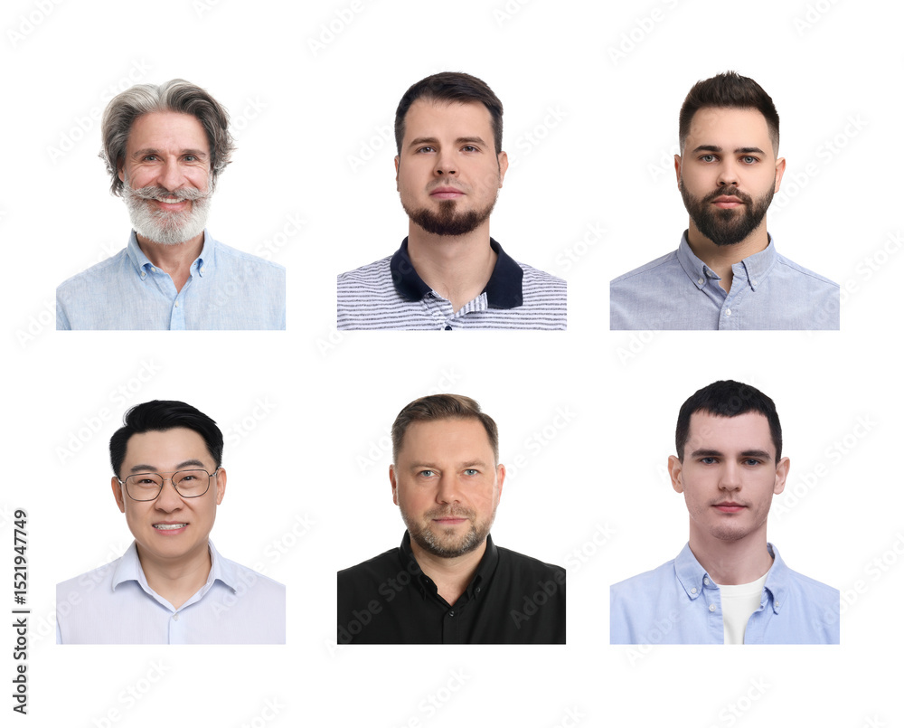 Photos of different men for passport or other identification document ...