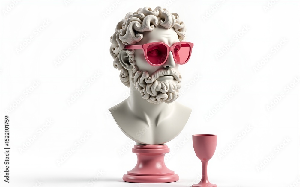 Greek bust of the god Dionysus wearing rose-colored glasses with a pink ...
