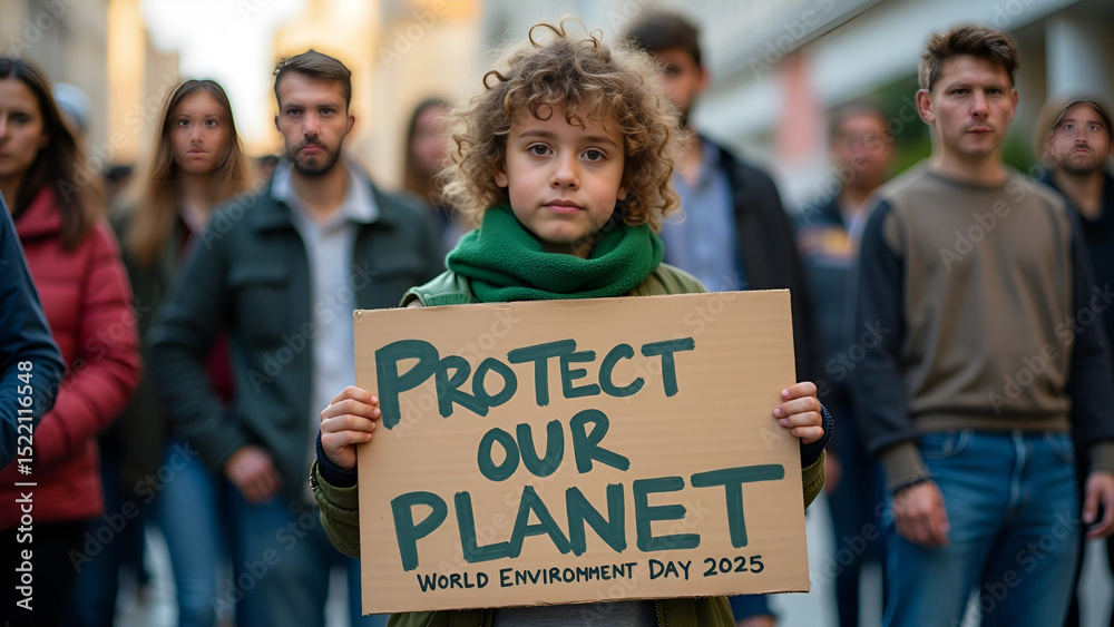 Young Environmental Activist Holding “Protect Our Planet” Sign at Urban ...