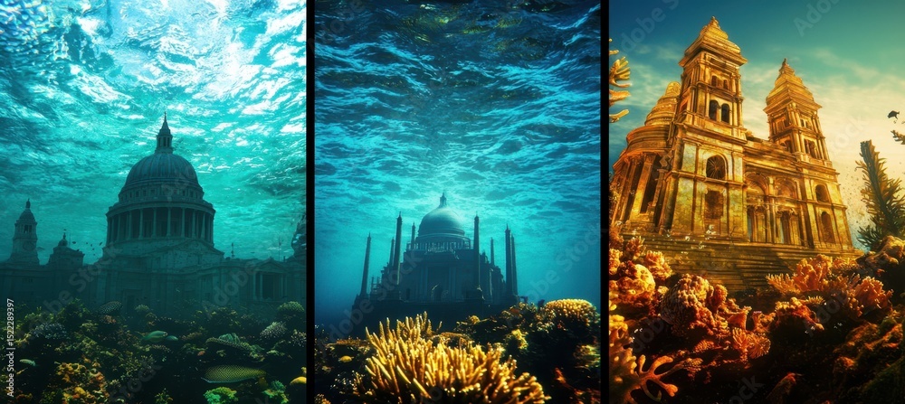 Three famous architectural landmarks are depicted underwater ...