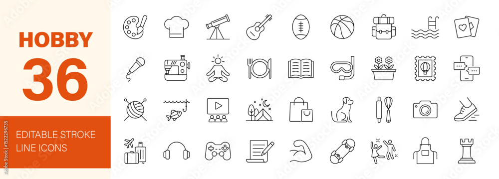Hobby icon set. Containing painting, photography, sports, traveling ...