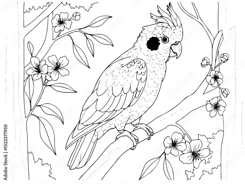 cockatoo cartoon outline for coloring page, paper a4 printable, vector ...