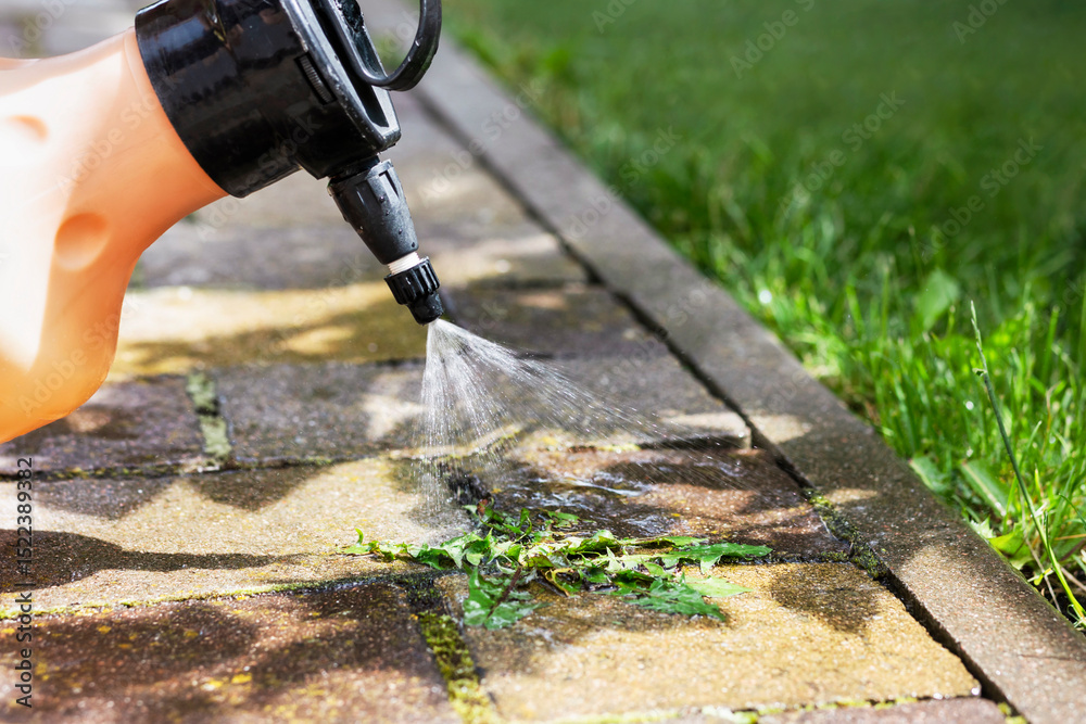 Weed Killer Spray from Patio Paving. Spraying Weeds and Remove. Get Rid ...