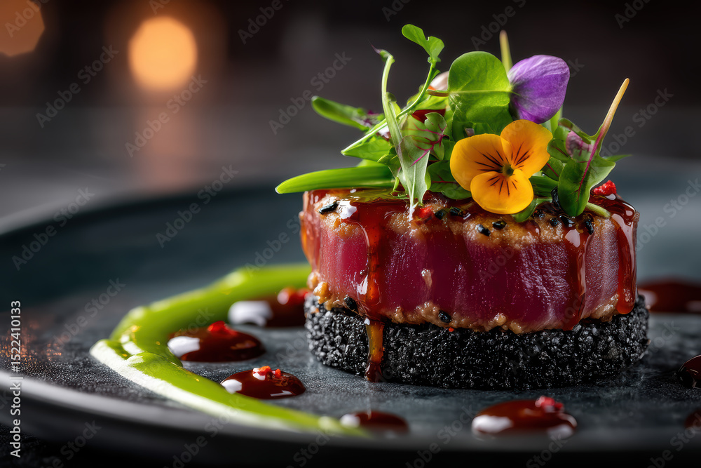 Elegant ultra-modern Japanese otoro tuna plating with tamari glaze ...