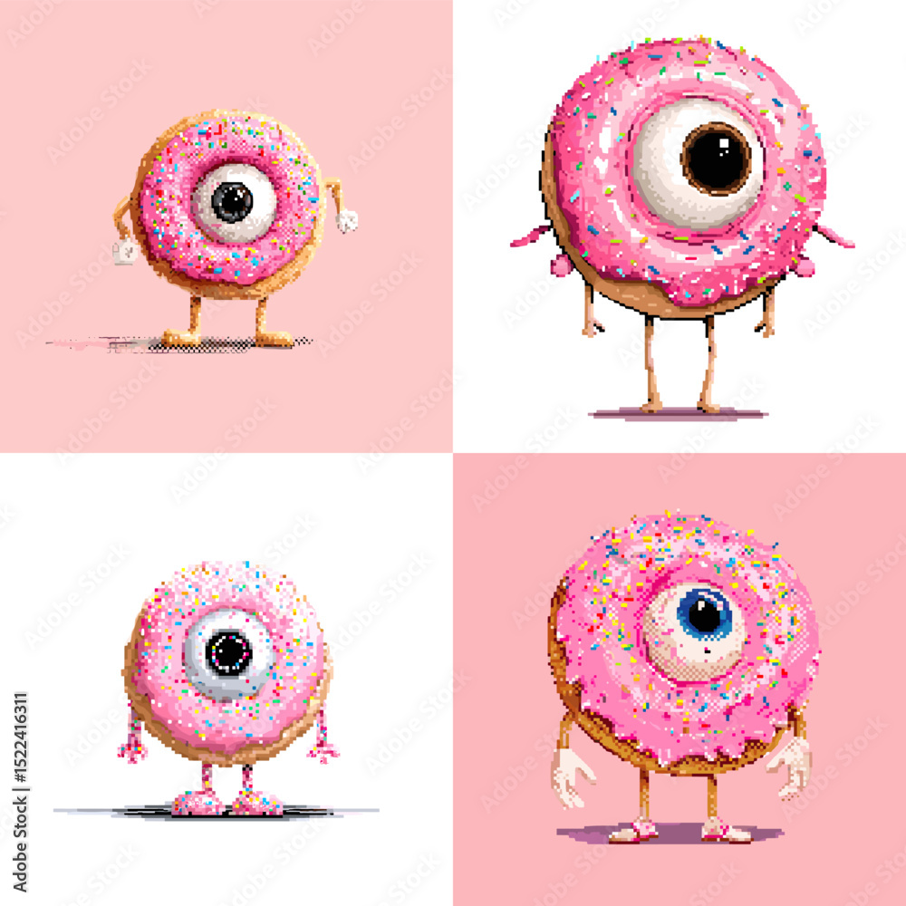Pink frosted donut creatures with one big eye and cute limbs. A surreal ...